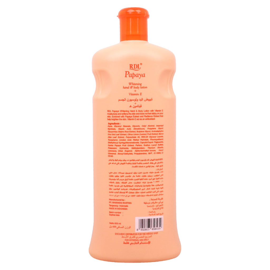 RDL Papaya Extract Whitening Hand & Body Lotion + Vitamin E 600 ml ...