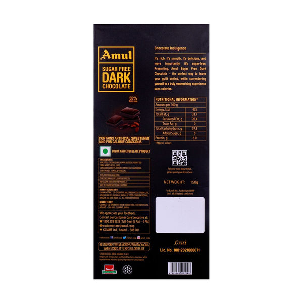 Amul Dark Chocolate 55% Cocoa Sugar Free 150g | GETIT.QA